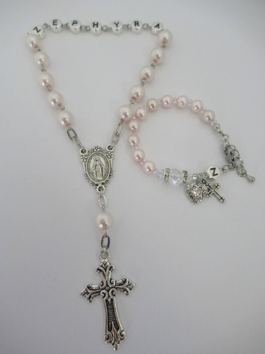 Soft Pink Mini Rosary and Bracelet Girl Glass Pearl Rosary Set, Grow ...