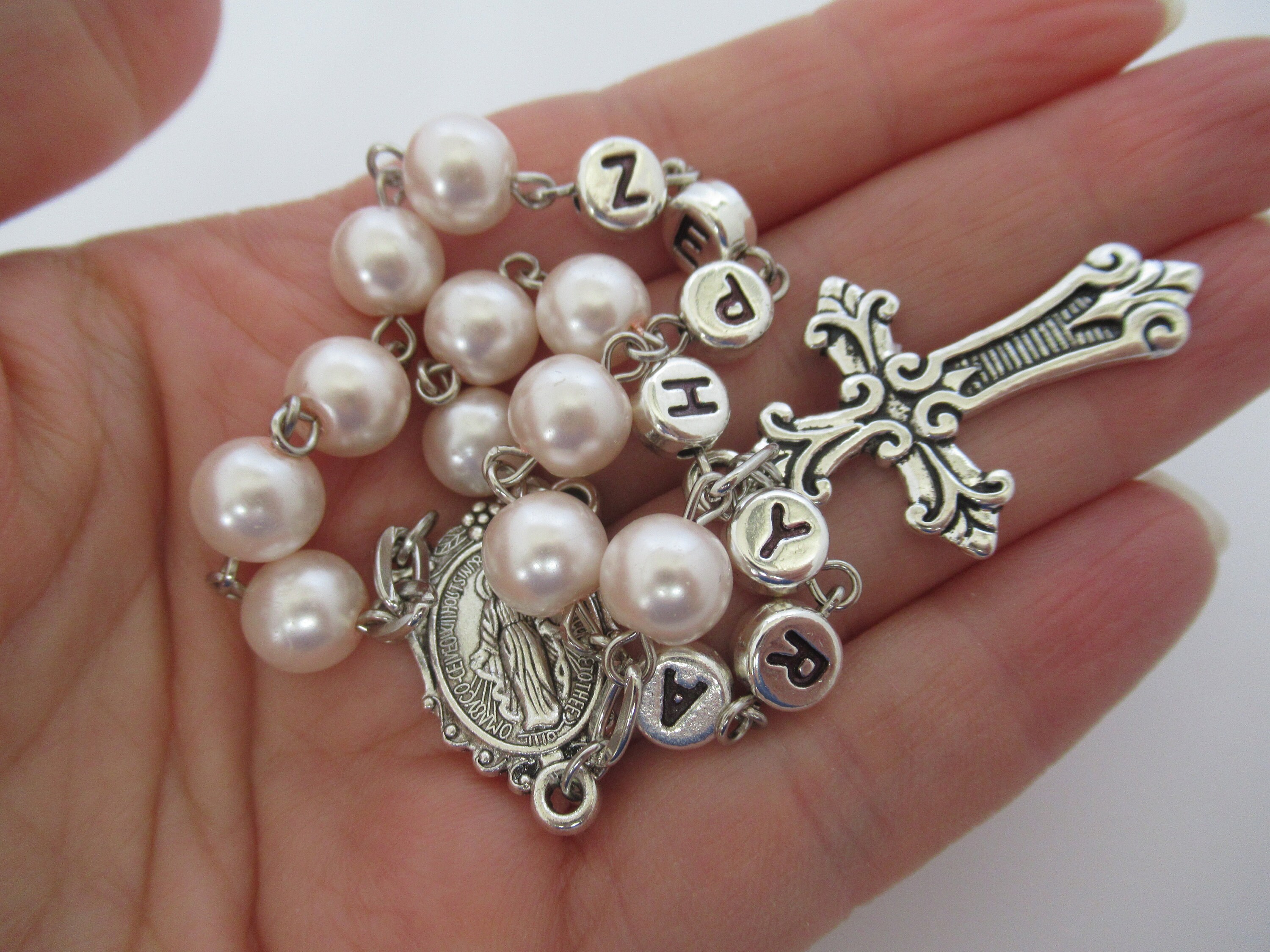 Soft Pink Mini Rosary and Bracelet Girl Glass Pearl Rosary Set, Grow ...