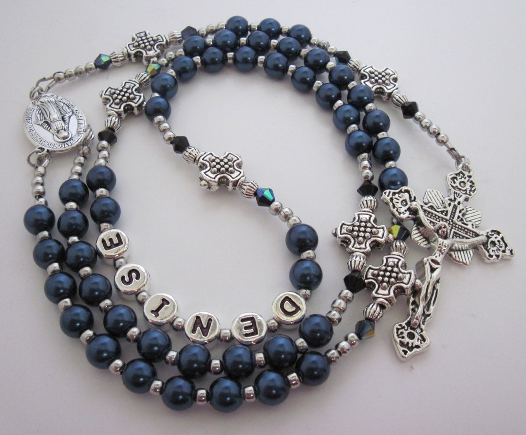 Navy Blue Pearl, Cross Accent Personalized Rosary, Male, Boy, Mens ...