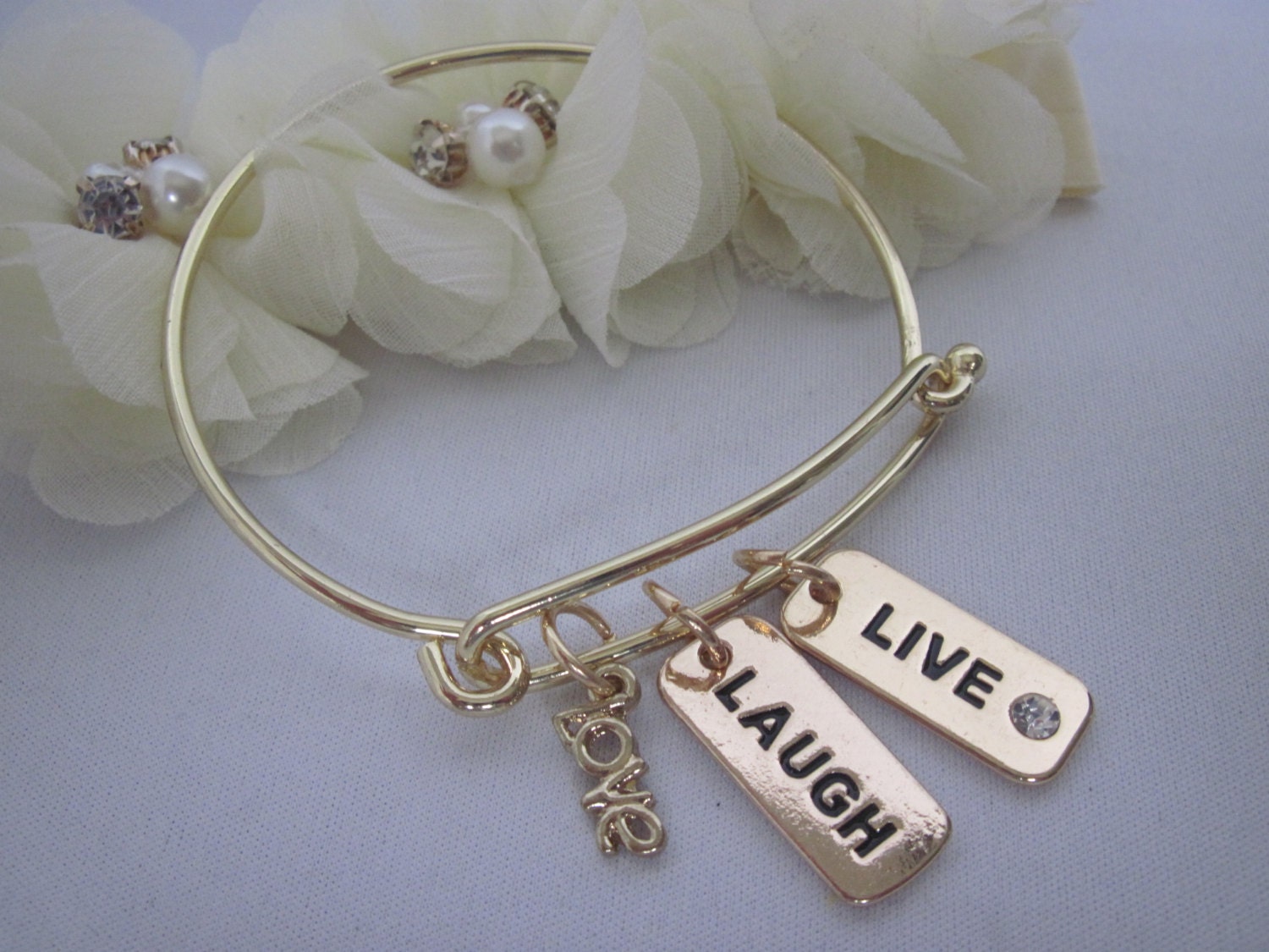 Live, Love, Laugh, Gold Bangle Bracelet, Inspirational, Sentimental ...