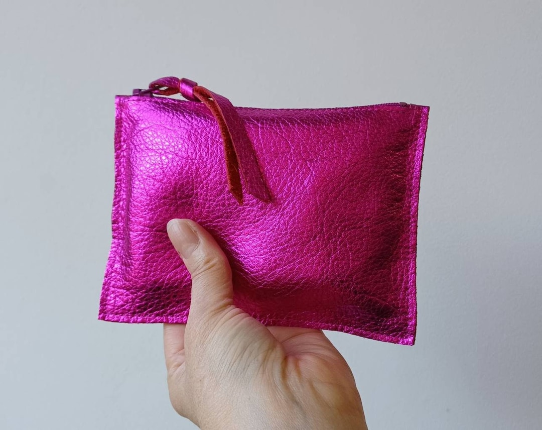 Hot Pink Metallic Leather Zip Pouch 4x6, Fuchsia Coin Purse, Magenta ...