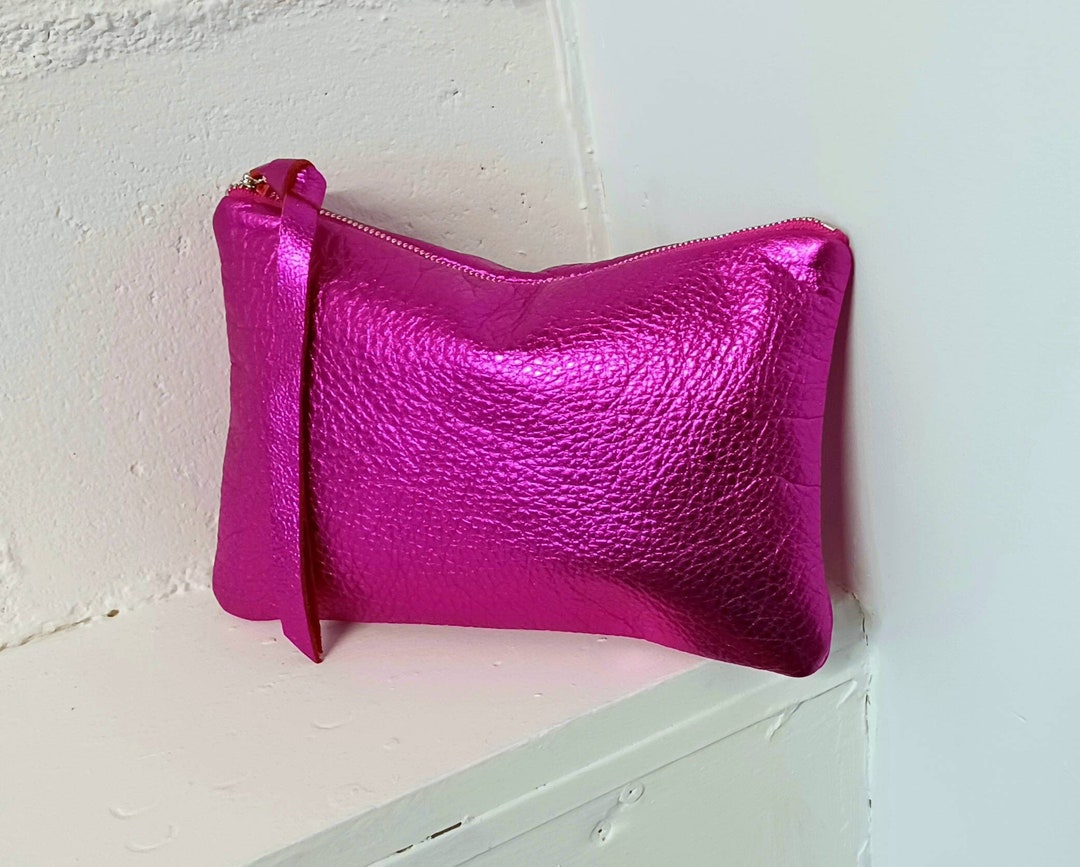 Hot Pink Metallic Leather Clutch Bag 9x6 Fuchsia Evening Bag, Magenta ...