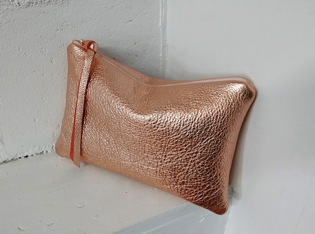 Rose Gold Metallic Leather Clutch 9x6', Soft Italian Leather, Fall ...