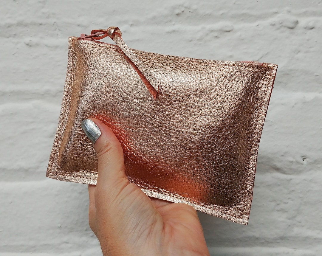 Rose Gold Leather Raw Edged Zipper Pouch 4x6 Zipper Wallet Mini Purse ...