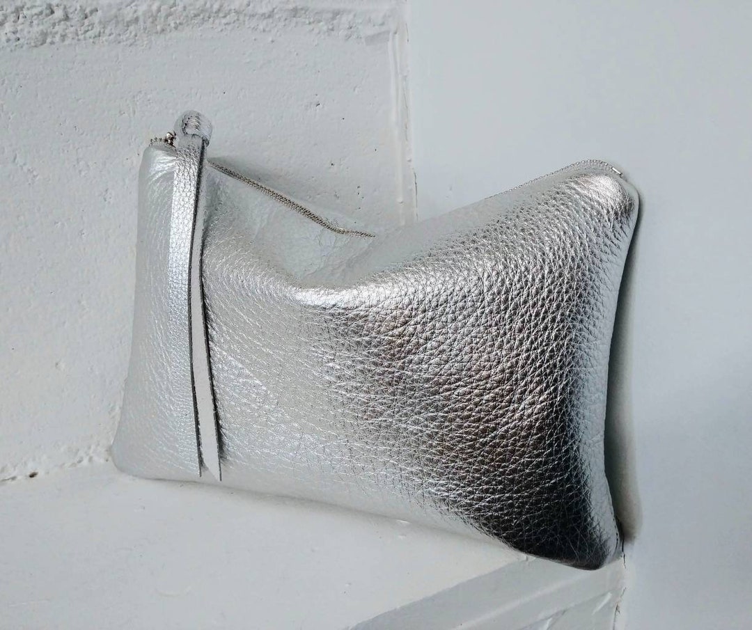 Silver Leather Clutch Bag 9"x6", Evening Bag, Wedding, Bridesmaid ...