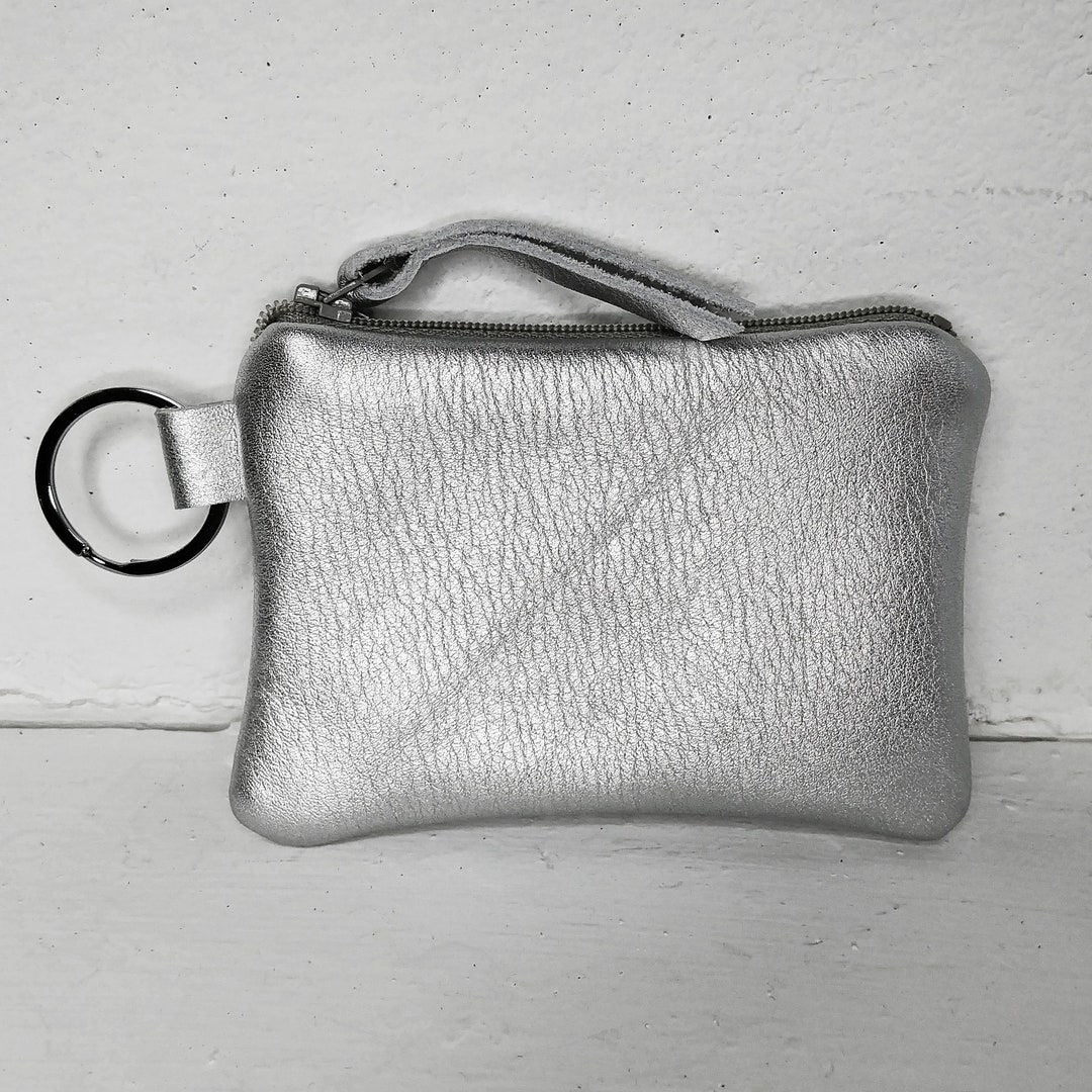 Silver Leather Key Chain Wallet, ID Card Holder, Pouch, Key Ring Mini ...