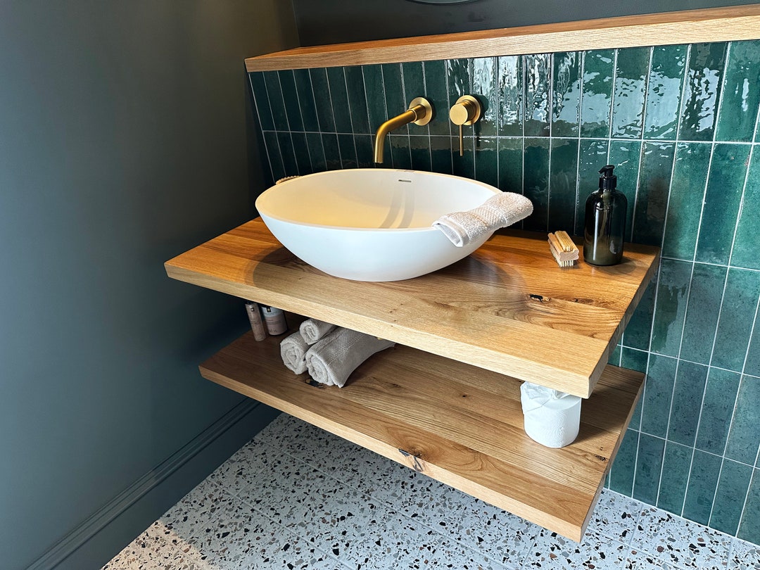 Bathroom Oak Basin Shelf - Sink Shelf 45cm Deep, 32mm Thick - Square ...