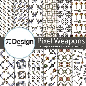 Pixel Sword 8.5x11 Digital Paper Pack of 12 Pixel Weapon Digital Paper ...