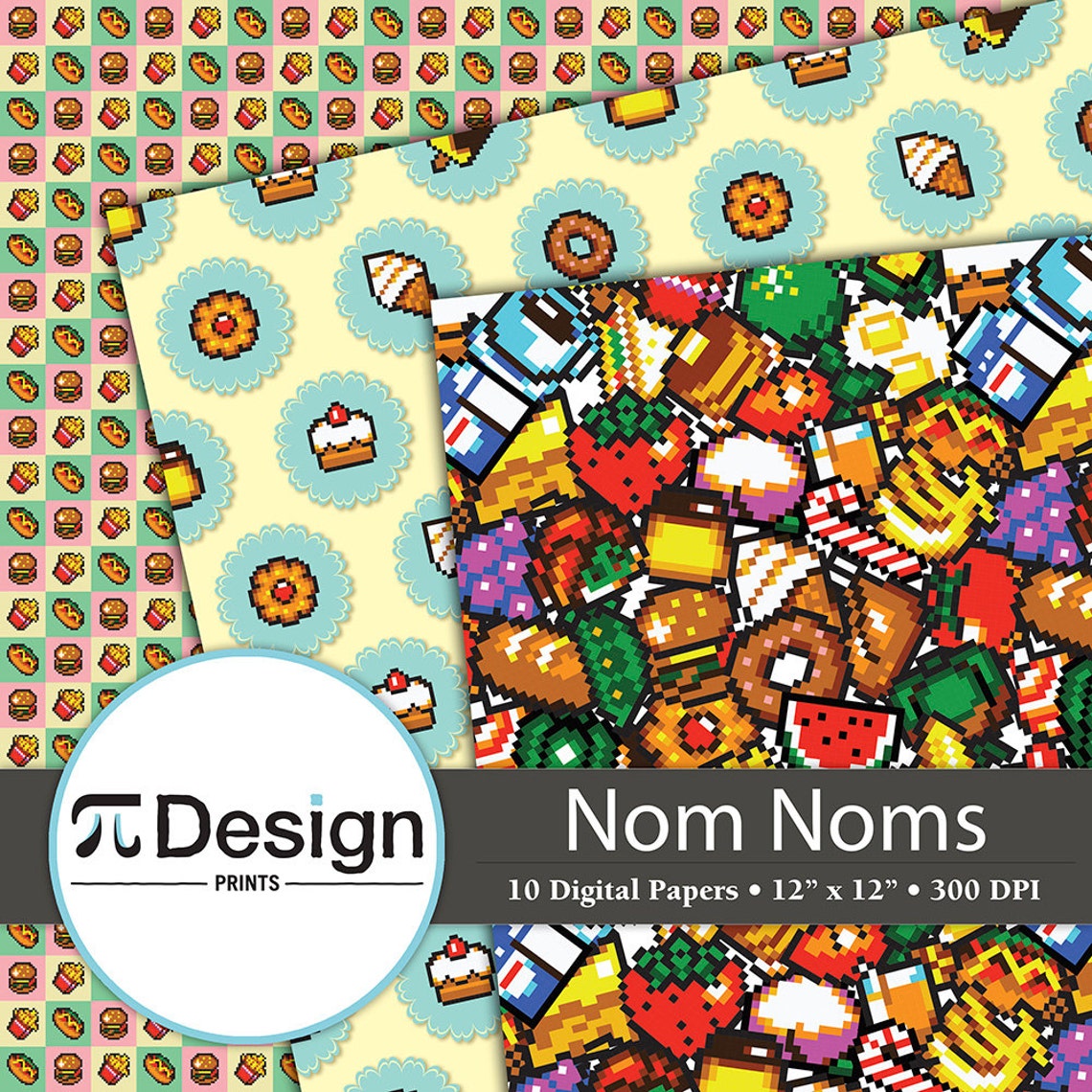 Cute Pixel Food 12"x12" Digital Paper Pack of 10 | Seamless Pattern ...