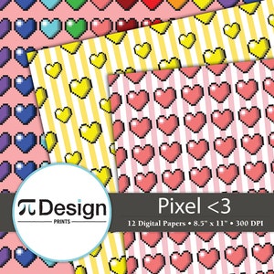 Geeky Valentine Pixel Heart Pattern 8.5"x11" Digital Paper Pack of 12 ...