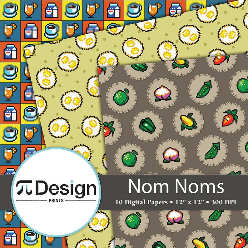 Cute Pixel Food 12"x12" Digital Paper Pack of 10 | Seamless Pattern ...