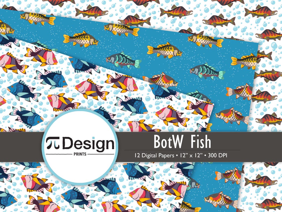12"x12" Botw Fish Digital Paper 12 Pack | Video Game Seamless Patterns ...