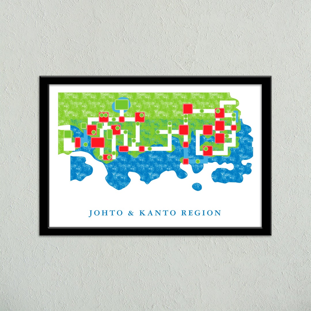 Johto and Kanto Region World Map Print | Travel Poster | Geek Gift for ...