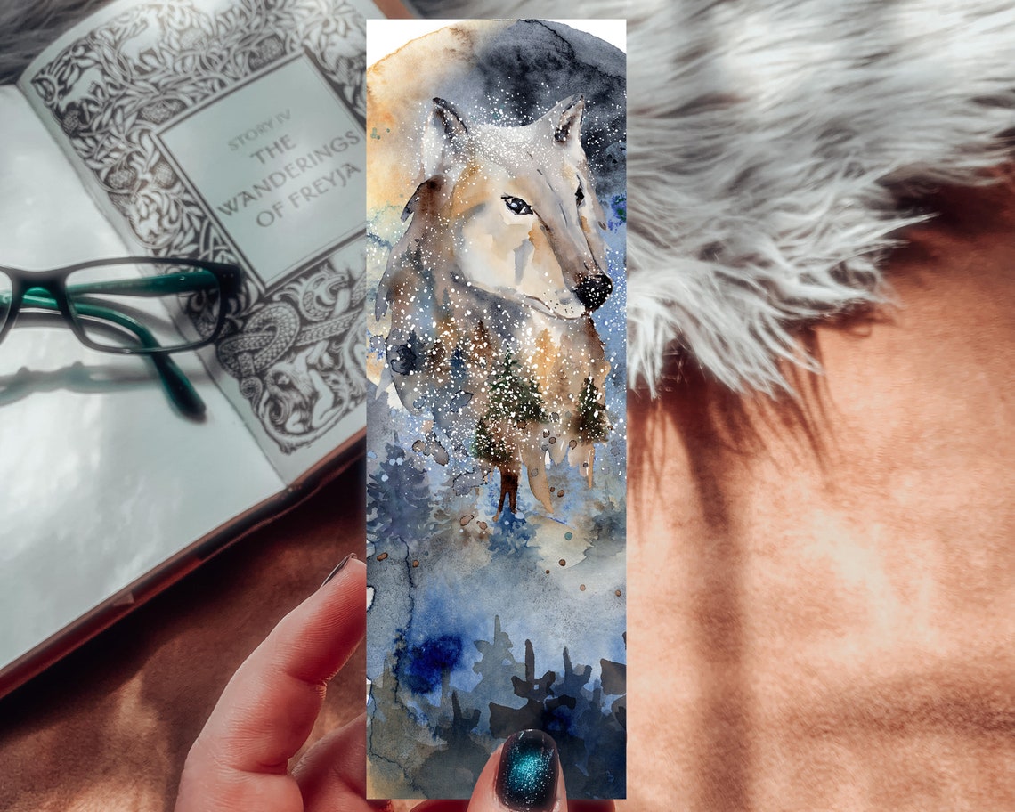 Wolf Bookmark Watercolor Handmade Winter Bookmark Set Moon - Etsy