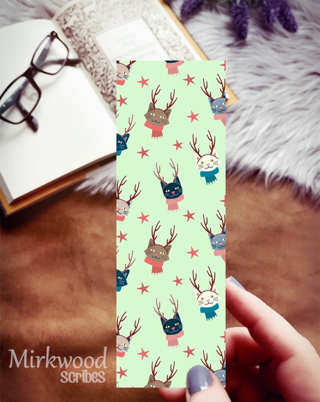 Christmas Cats Bookmark, Cat Lover Gift, Reindeer Cat Lover Holiday ...