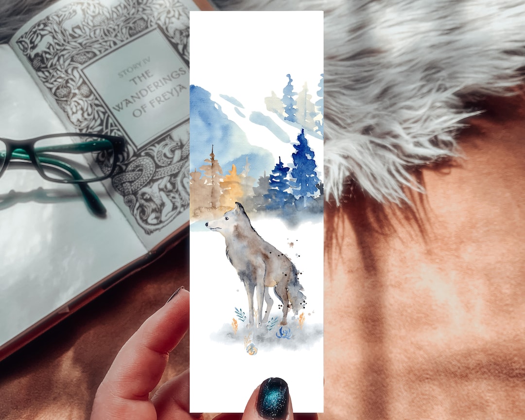 Wolf Mountain Bookmark, Watercolor Handmade Winter Bookmark Set, Moon ...