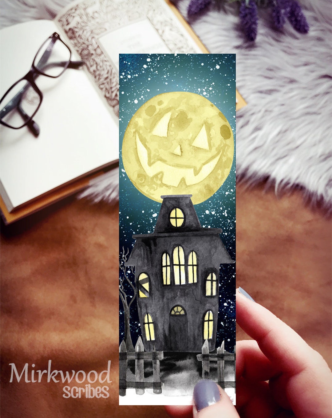 Haunted House Halloween Bookmark Watercolor Spooky Full Moon - Etsy