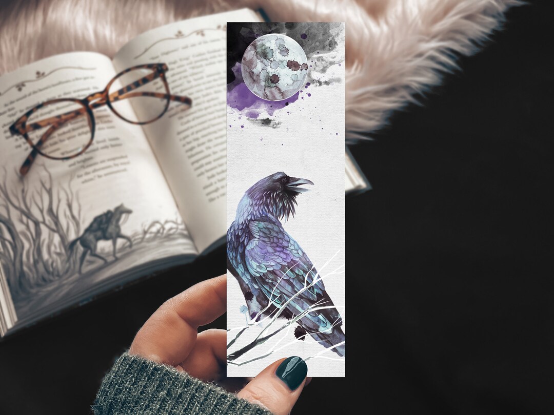 Raven Bookmark, Watercolor Ravens Handmade Linen Bookmark, Full Moon ...