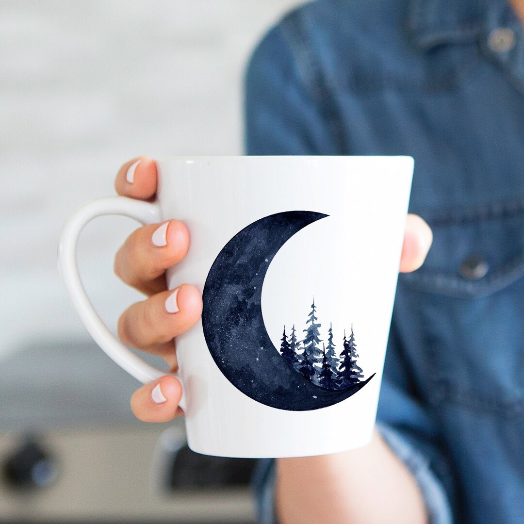 Moon & Stars Coffee Mug, Watercolor Celestial 12 Oz Latte Mug, Moon ...