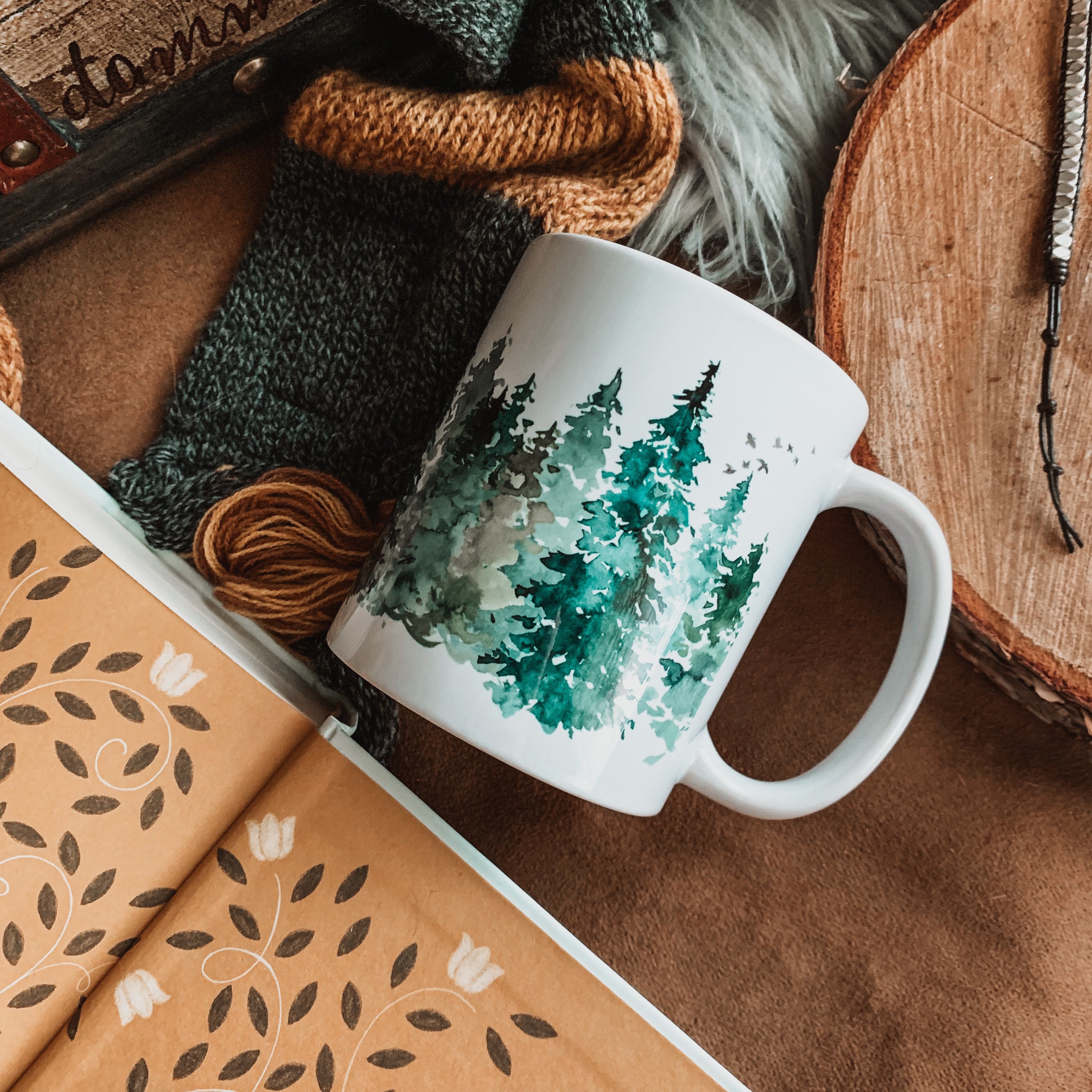 Deer and Pine Ceramic Mug Watercolor Forest Reindeer Winter | Etsy