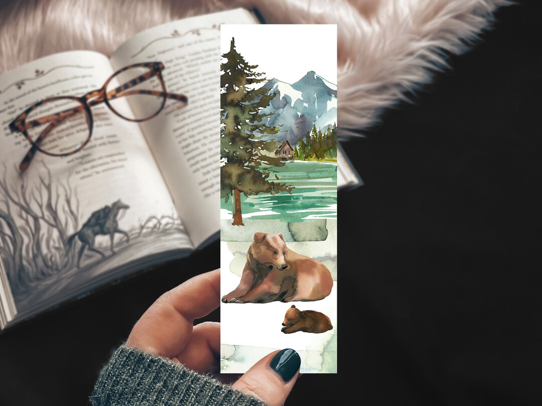 Bears Watercolor Bookmark, Green Mountain Landscape Book Lover Gift for ...