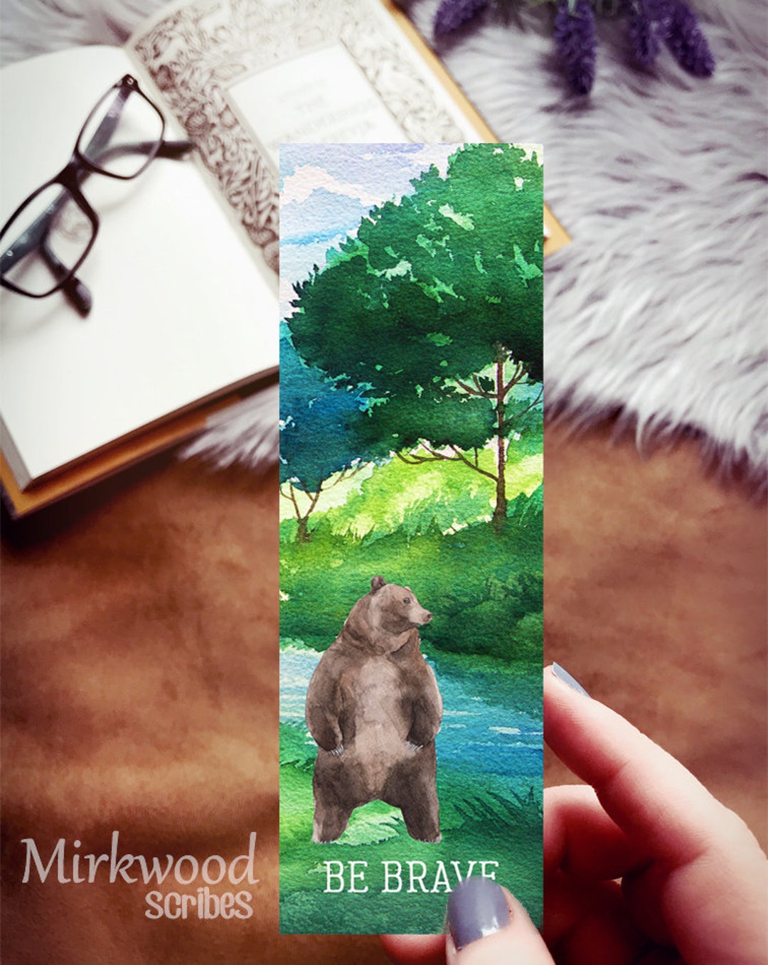 Bear Bookmark, Brave Grizzly Bear Watercolor Landscape Bookmark, Be ...