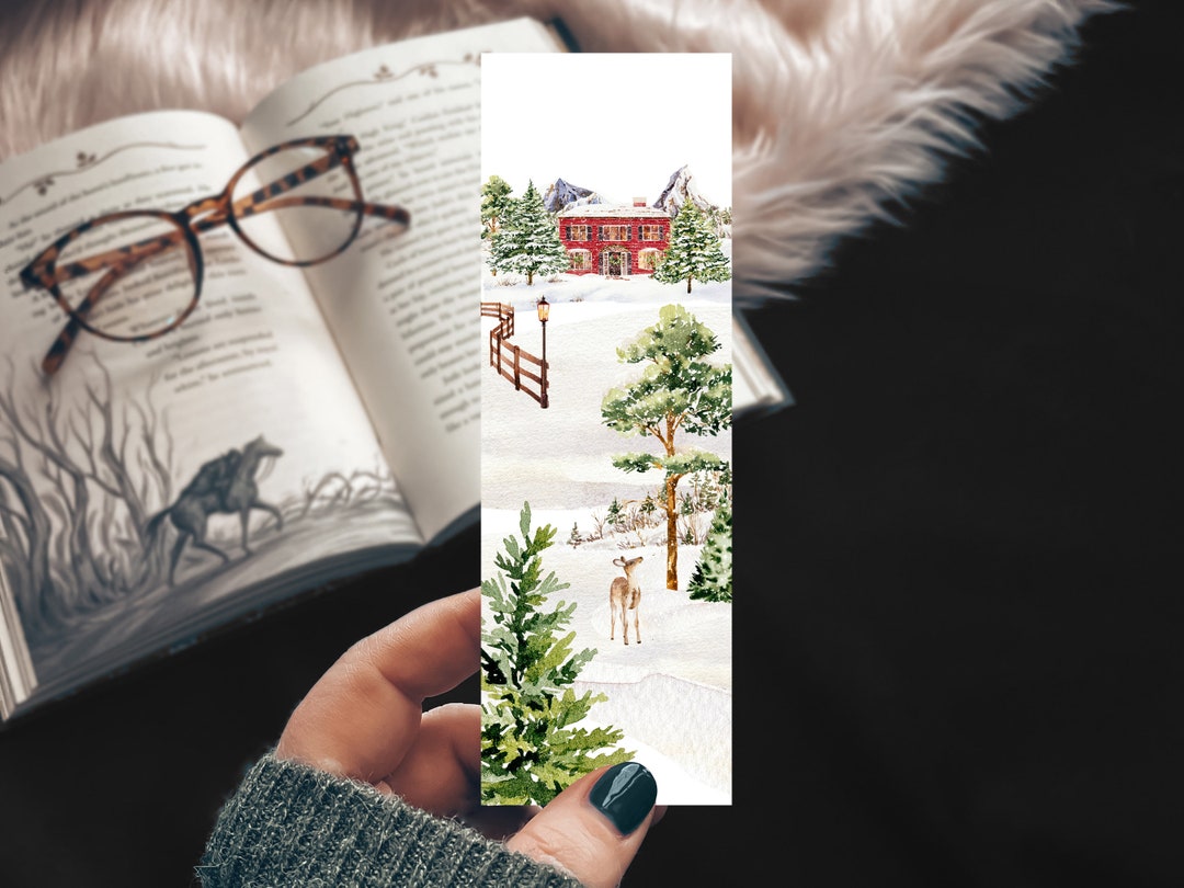 Winter Landscape Bookmark, Cozy Christmas Deer and Pine Tree Handmade ...