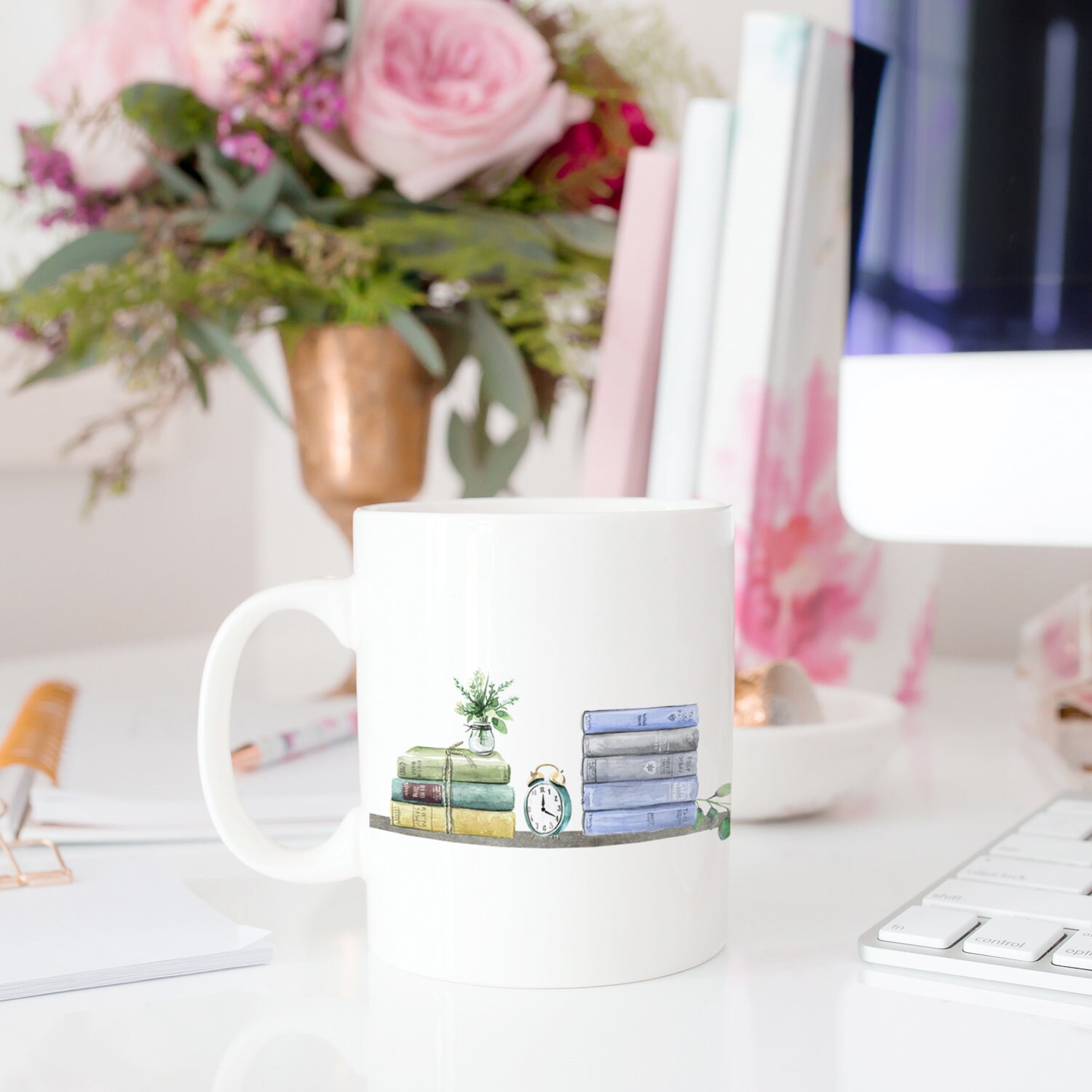 Bookshelf Coffee Mug Wrap-around Library Books and Plants - Etsy