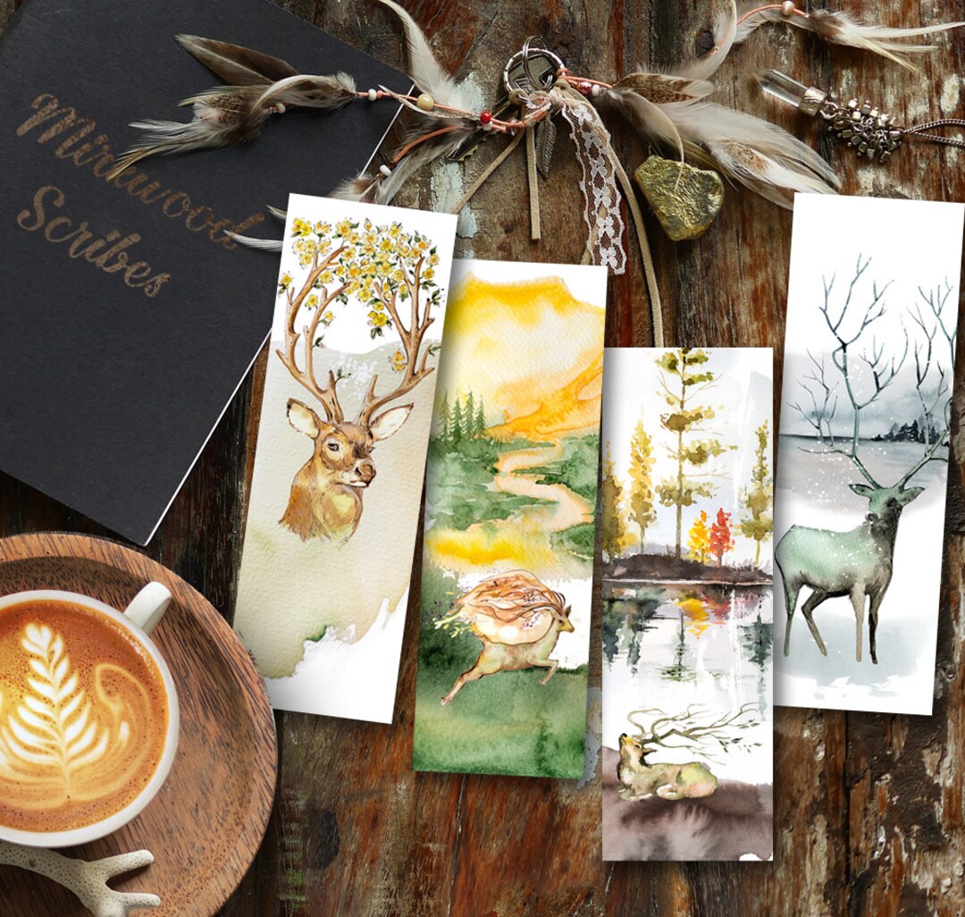 Deer Set of Bookmarks, Printable Digital File Deer Landscape Watercolor ...
