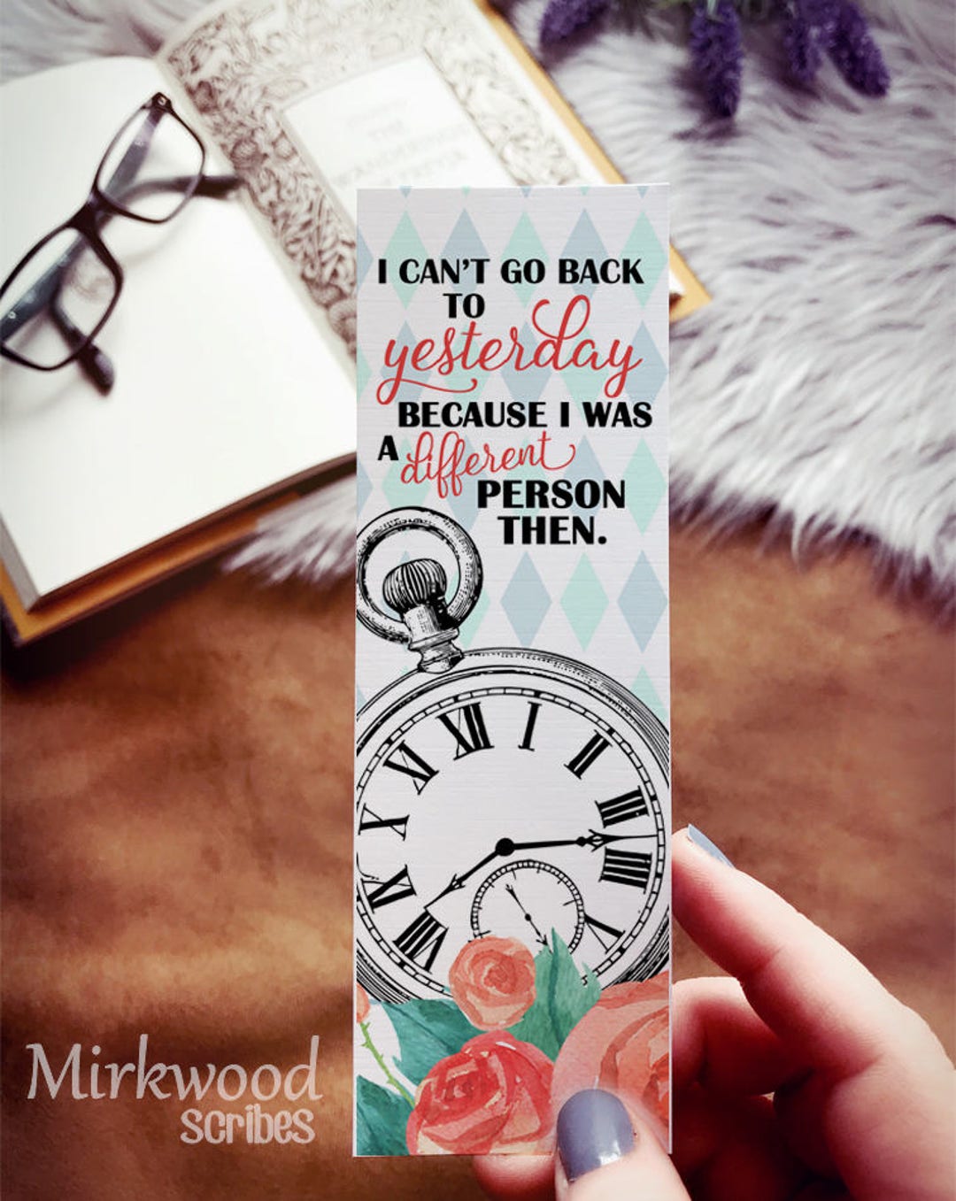 Alice in Wonderland Bookmark, Wonderland Pocket Watch and Roses ...
