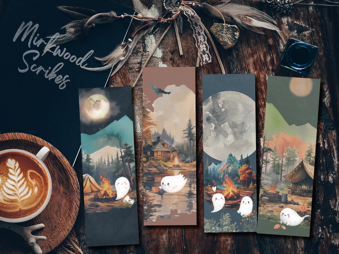 Halloween Ghost Printable Bookmarks, Full Moon and Camping Cute Ghost ...