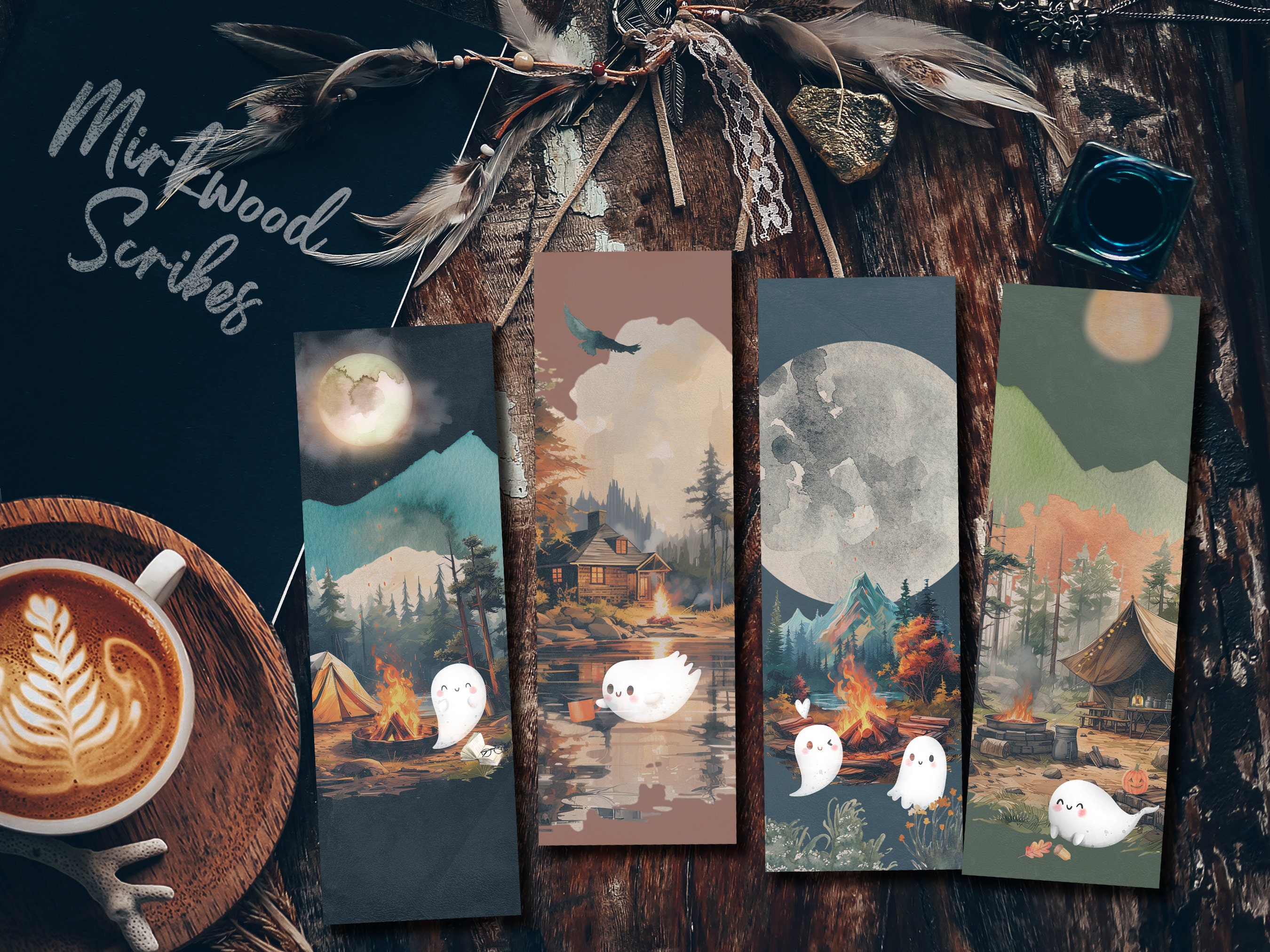 Halloween Ghost Printable Bookmarks, Full Moon and Camping Cute Ghost ...