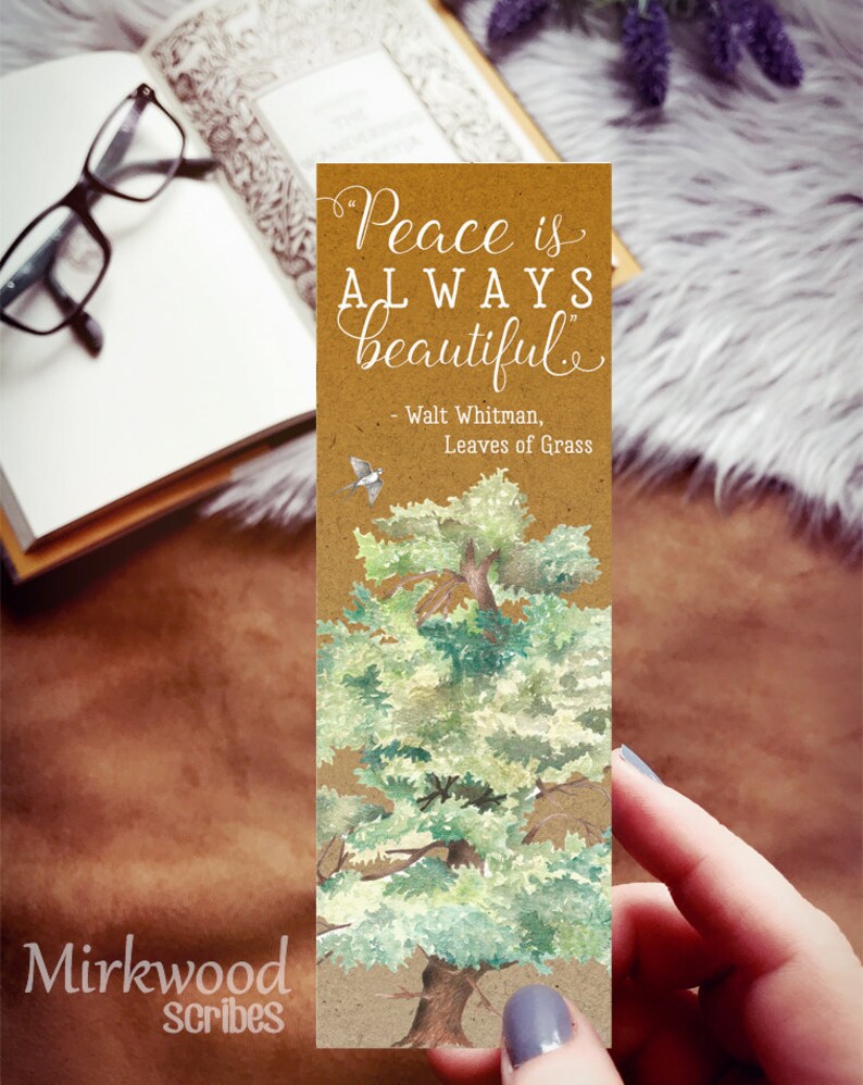 Leaves of Grass Quote Bookmark, Peace is Always Beautiful, Walt Whitman ...