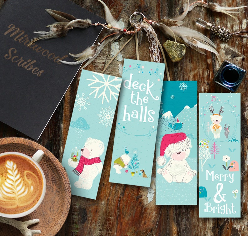 Merry and Bright Bear Bookmark, Cute Blue Christmas Bookmark, Woodland ...