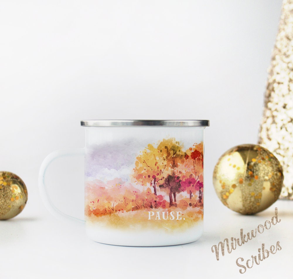 Pause Fall Watercolor Mug Colorful Maple Tree Camp Mug Metal | Etsy
