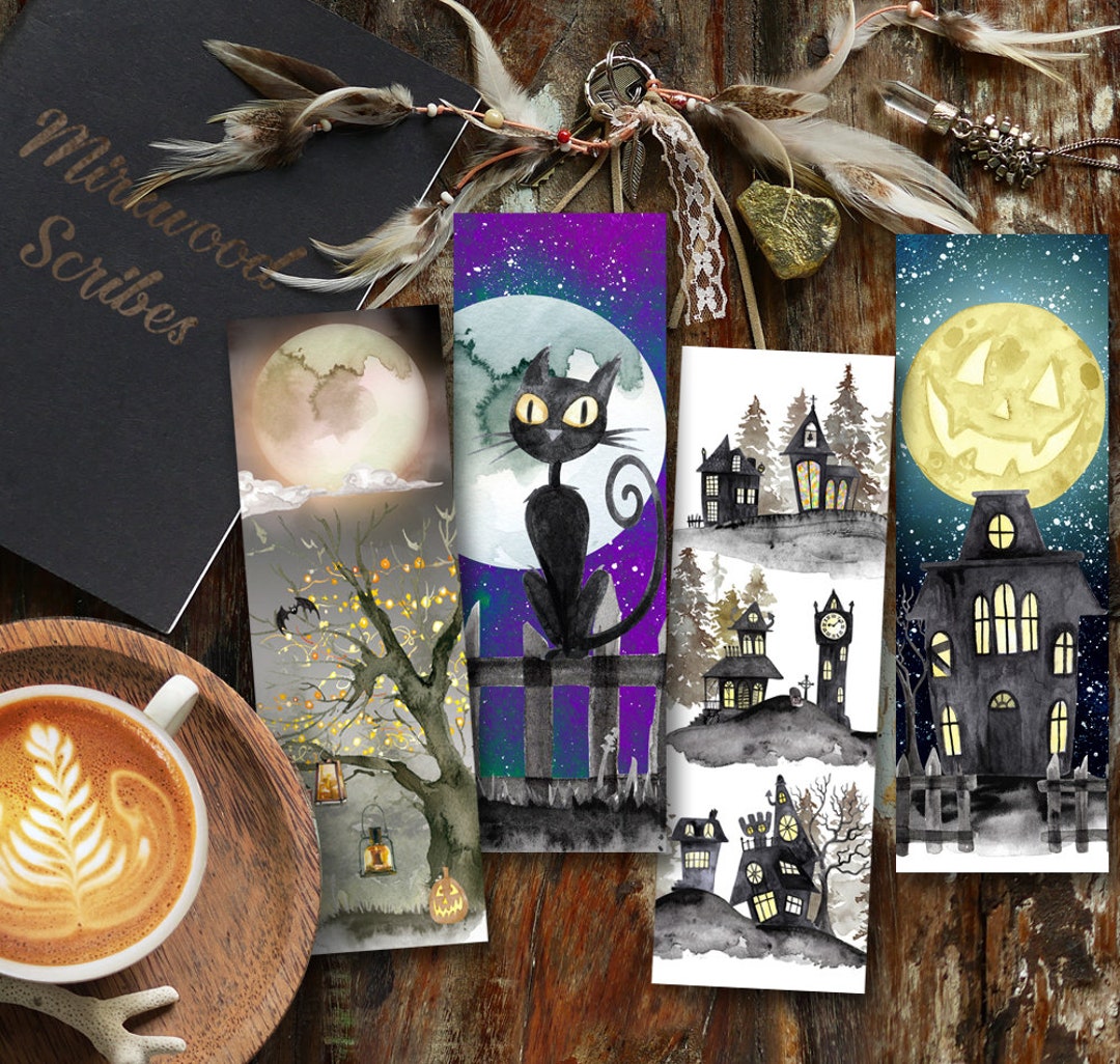 Halloween Printable Bookmarks, Full Moon and Black Cat Haunted House ...