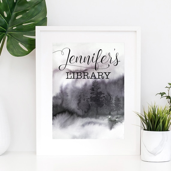 Personalized Library Sign Watercolor Gray Landscape Sign With | Etsy