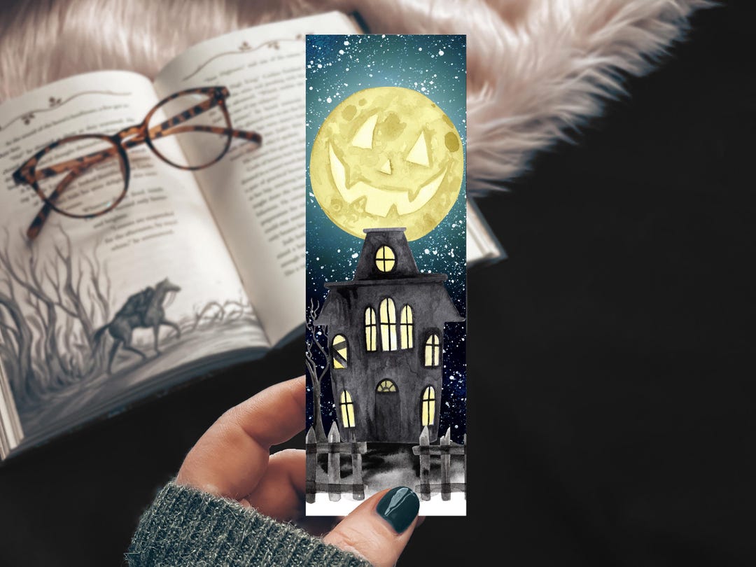 Haunted House Halloween Bookmark, Watercolor Spooky Full Moon Handmade ...
