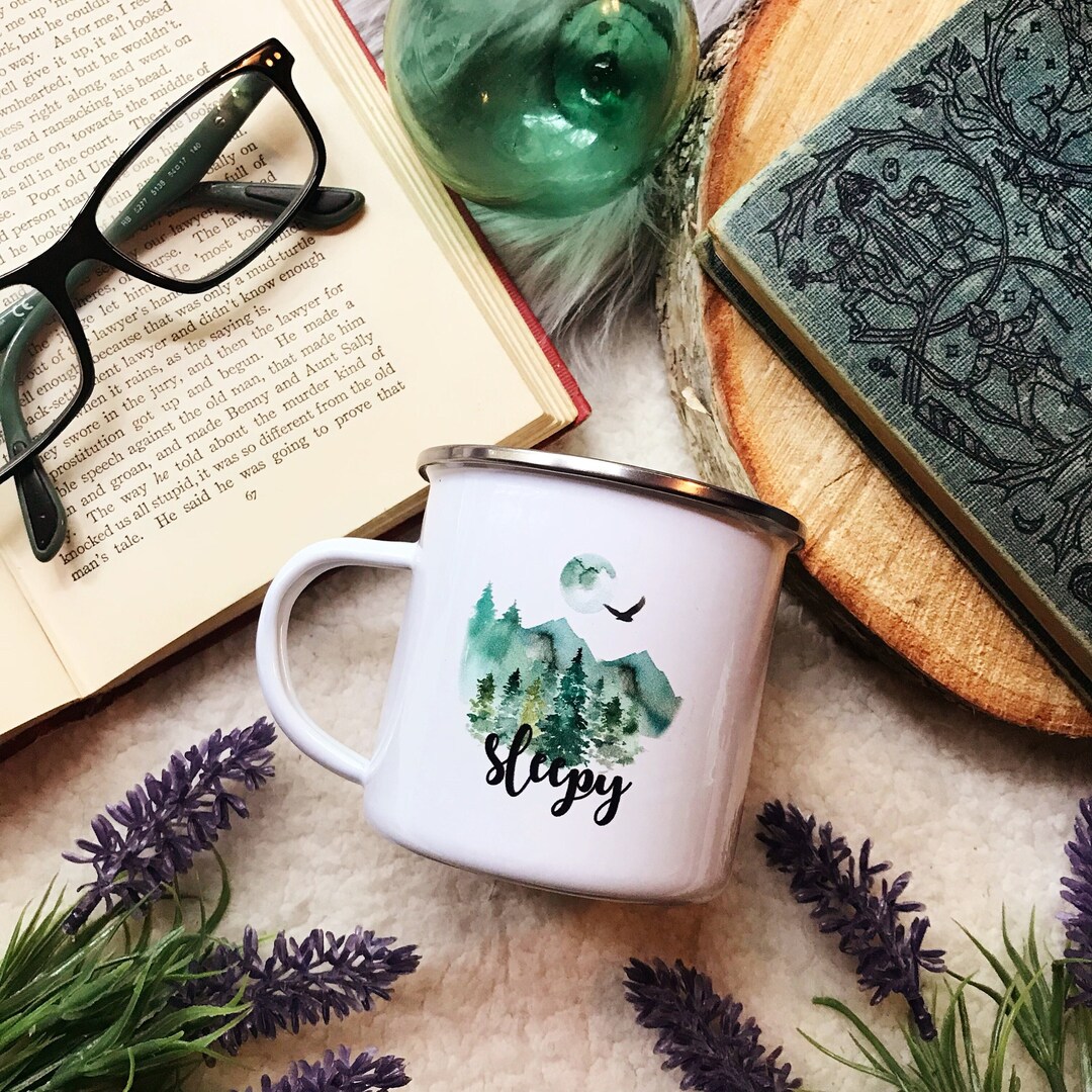 Rustic Metal Camp Coffee Mug, Forest Print Mug, Sleepy Enamel Mug ...