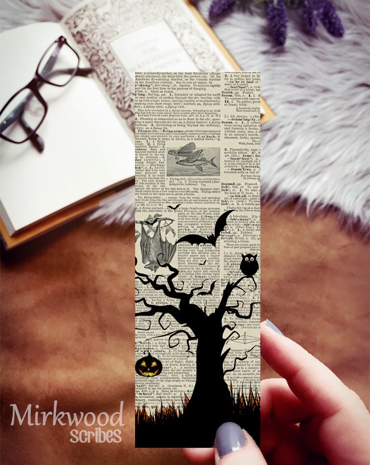 Spooky Tree Halloween Bookmark Bats and Owl and Haunted Vibes | Etsy