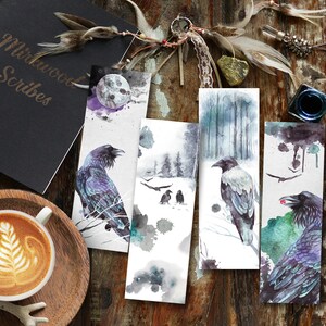 Raven Bookmark, Watercolor Ravens Handmade Linen Bookmark, Full Moon ...