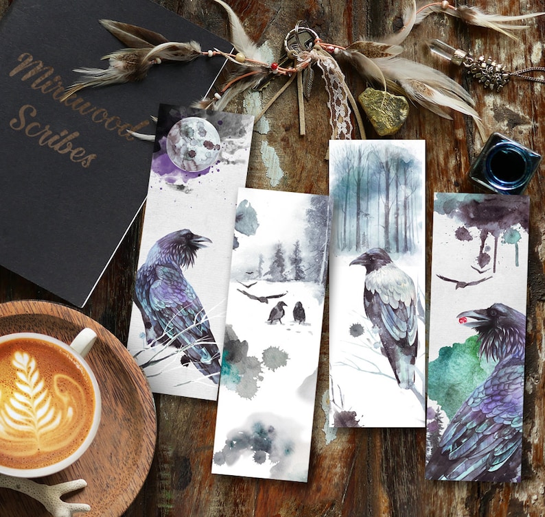 Raven Bookmark Watercolor Ravens Handmade Linen Bookmark - Etsy