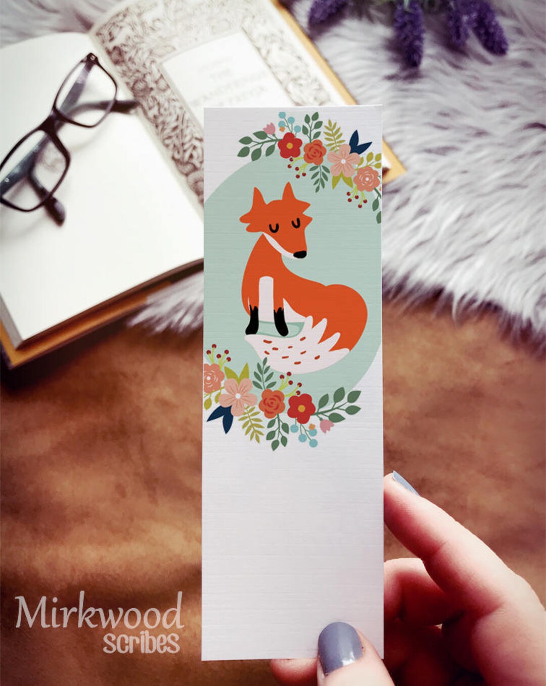 Pretty Woodland Fox Bookmark, Floral Foxy Linen Handmade Bookmark, Fox ...