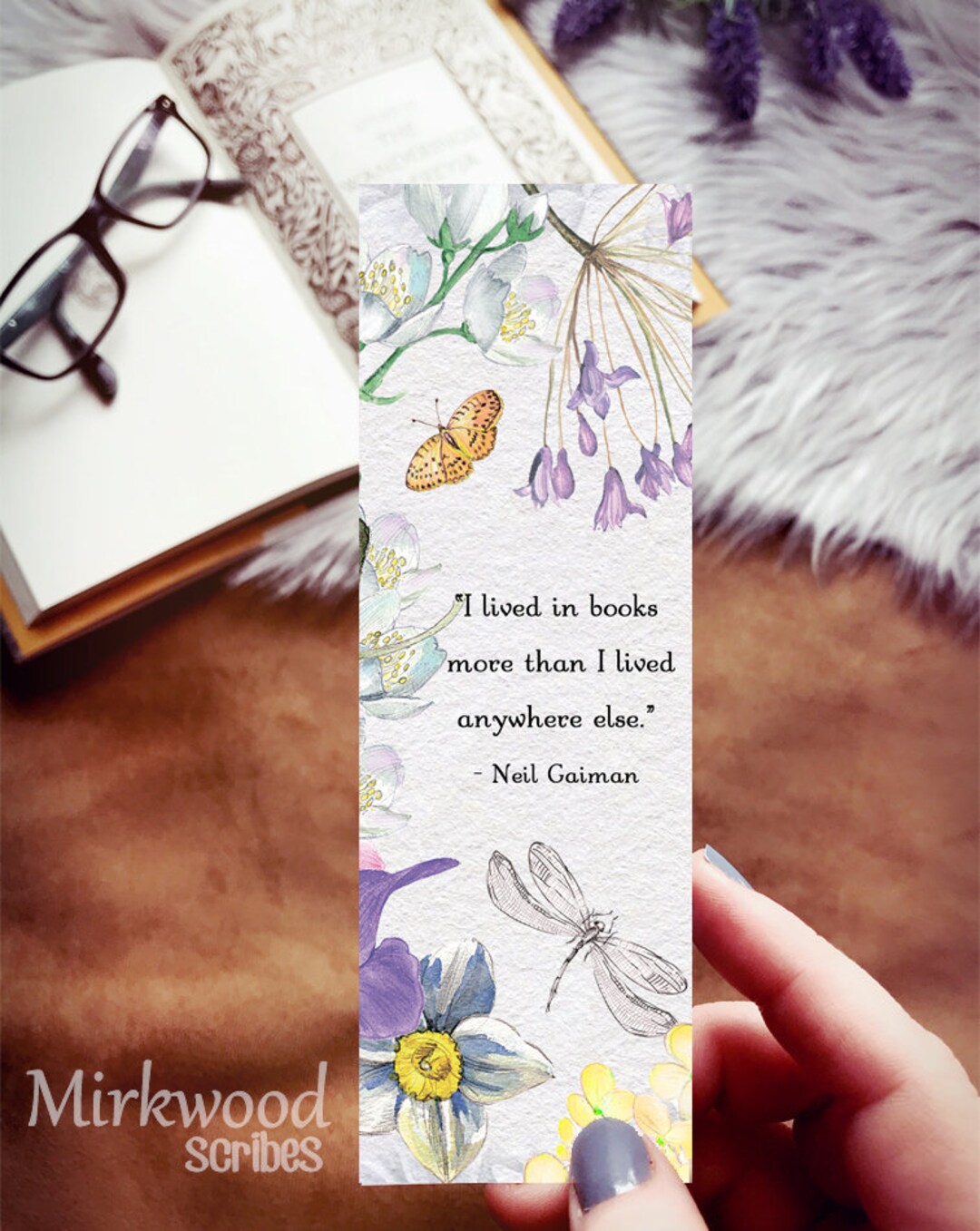 Watercolor Floral Bookmark With Neil Gaiman Quote, Literary Gift I Have ...