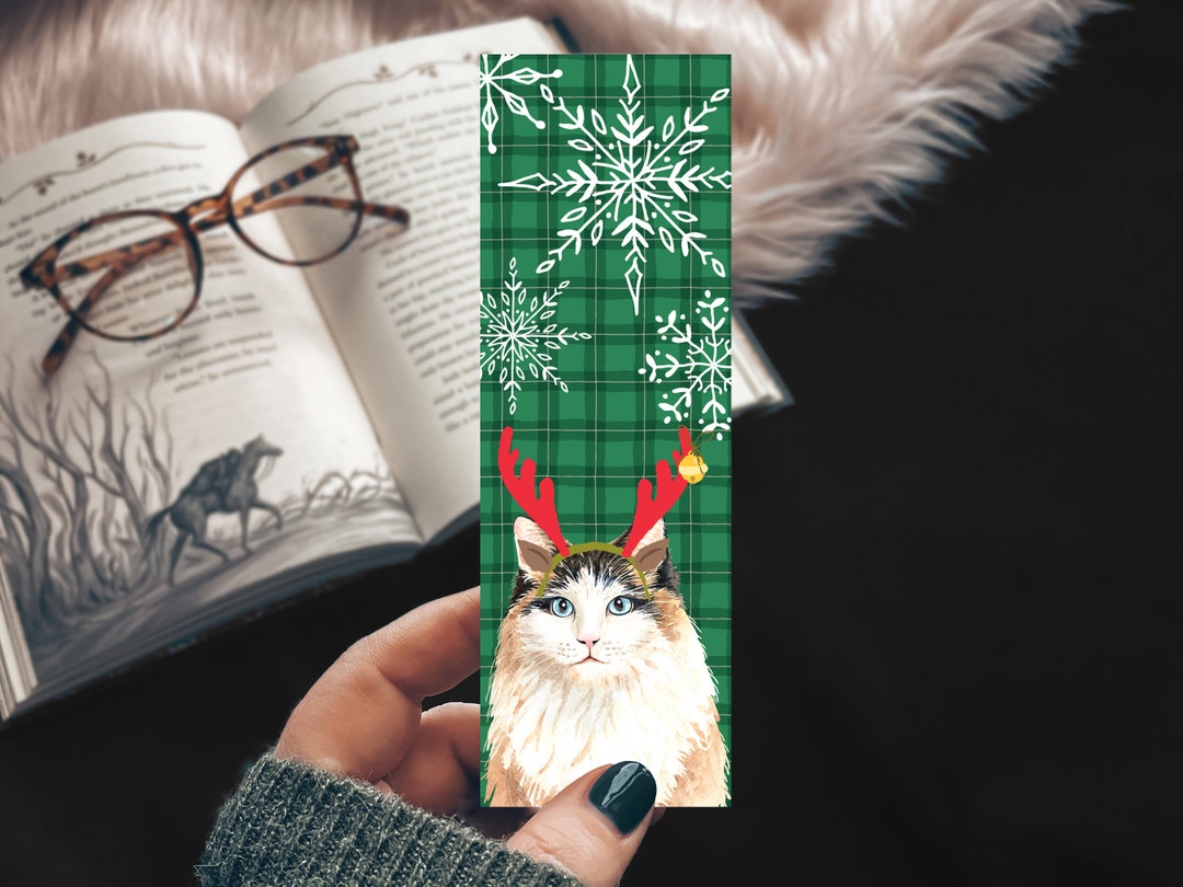 Cat Bookmark, Santa's Reindeer Cat Bookmark, Cat Stocking Stuffer and ...