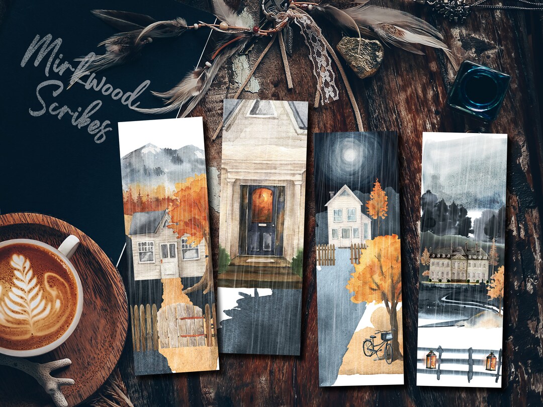 Rainy Fall Watercolor Bookmarks, Autumn Witchy Vibe Book Stack Bookmark ...