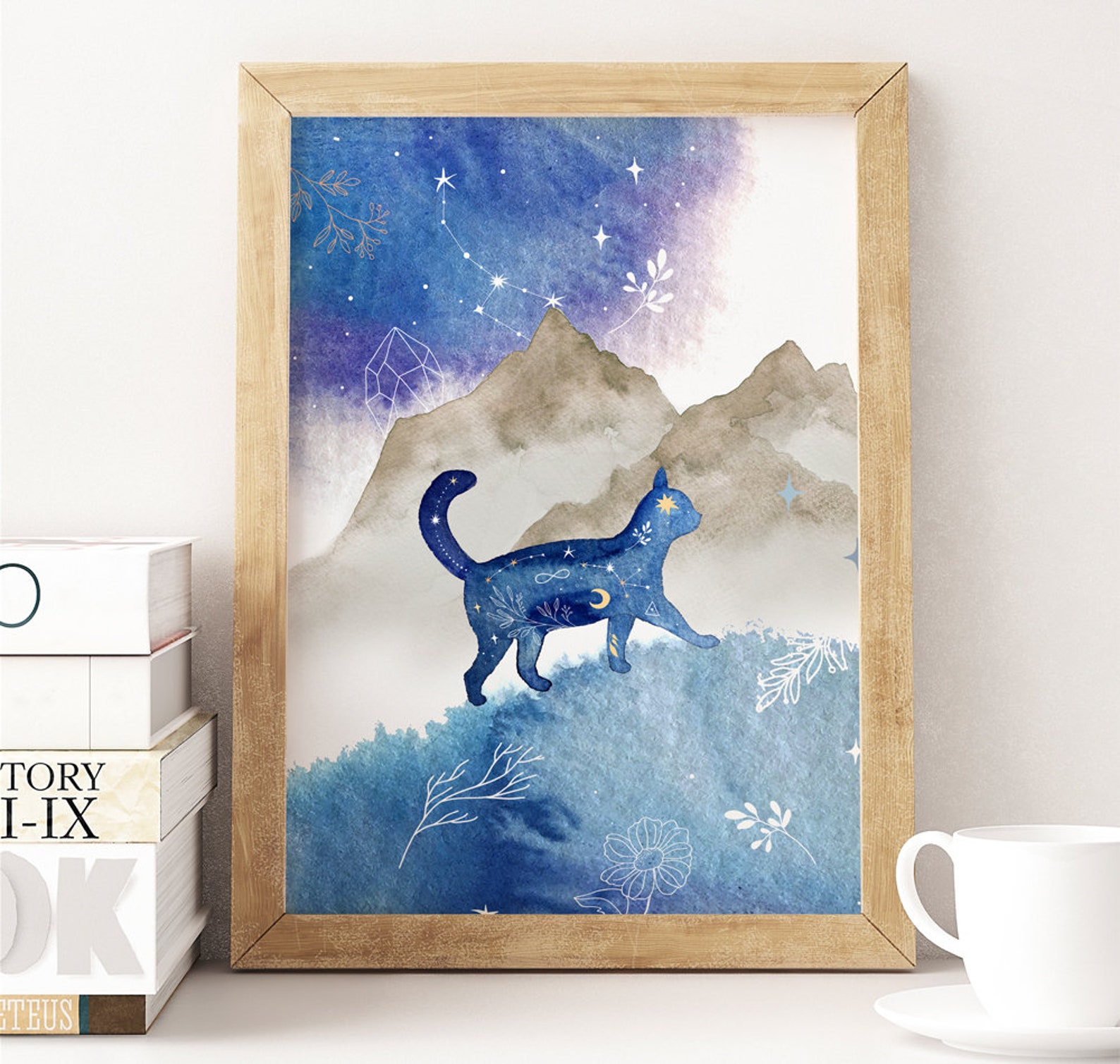 Watercolor Cat Print, Printable Cat Lover Wall Art, Cosmic Home Decor ...