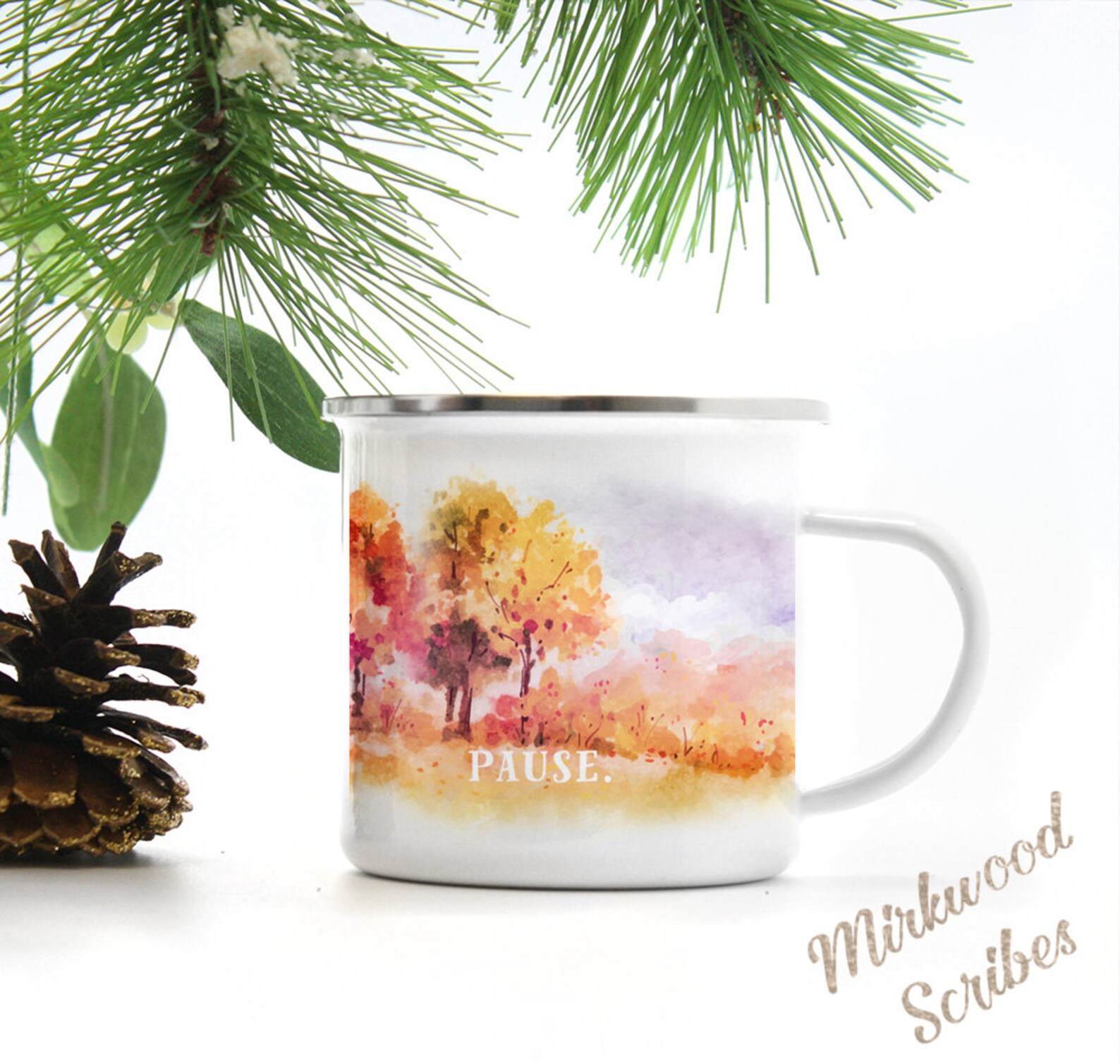 Pause Fall Watercolor Mug Colorful Maple Tree Camp Mug Metal | Etsy