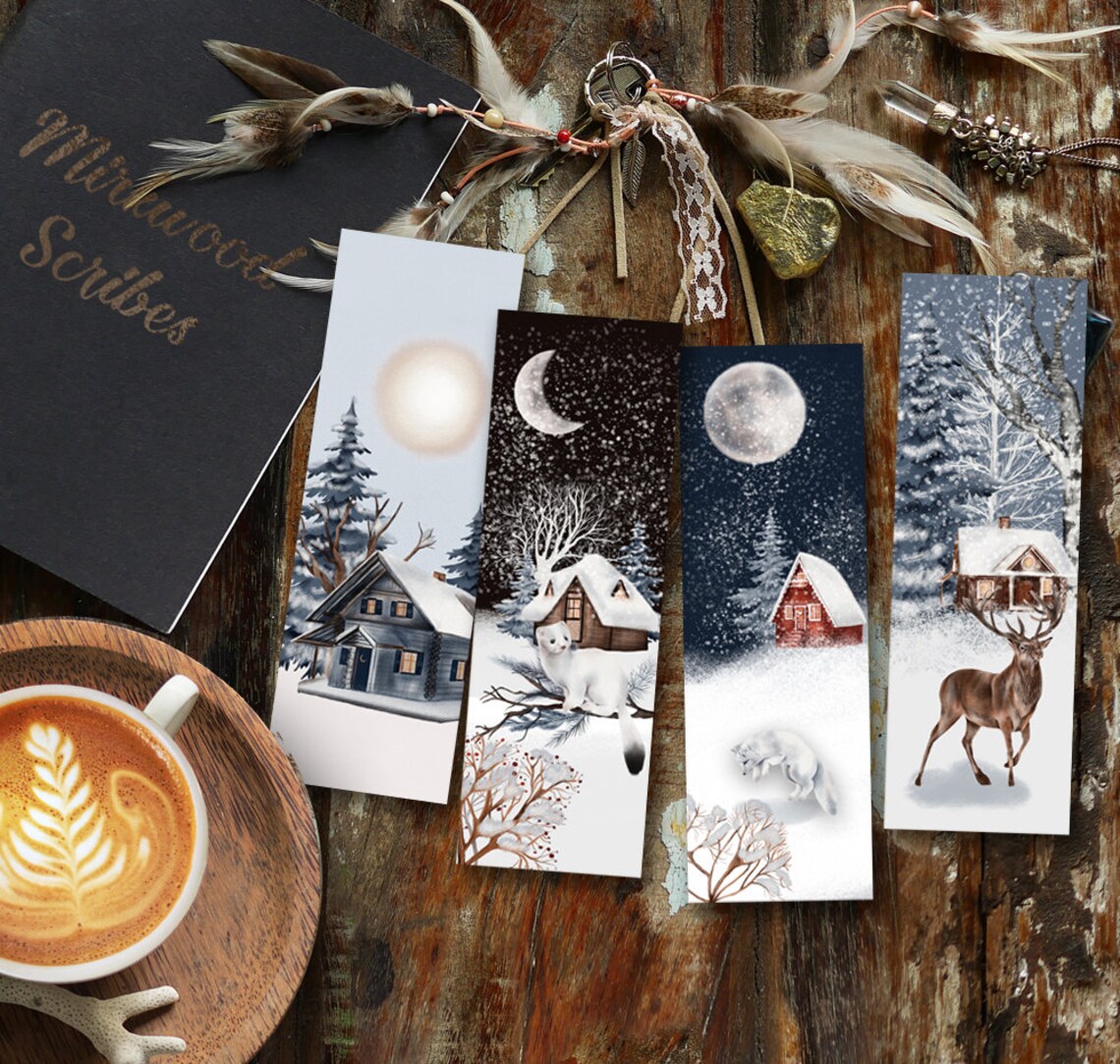 Winter Cabin Bookmark, Snowy Scene Holiday Bookmark, Watercolor ...