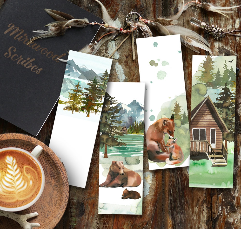Bears Watercolor Bookmark Green Mountain Landscape Book Lover | Etsy